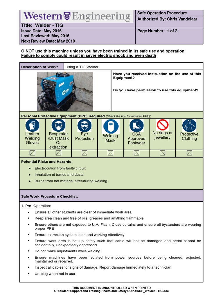Sop Welder Tig | PDF | Welding | Construction