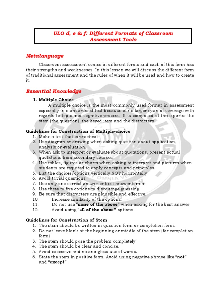 Different Formats of Classroom Assessment Tools-Lecture Notes | PDF ...