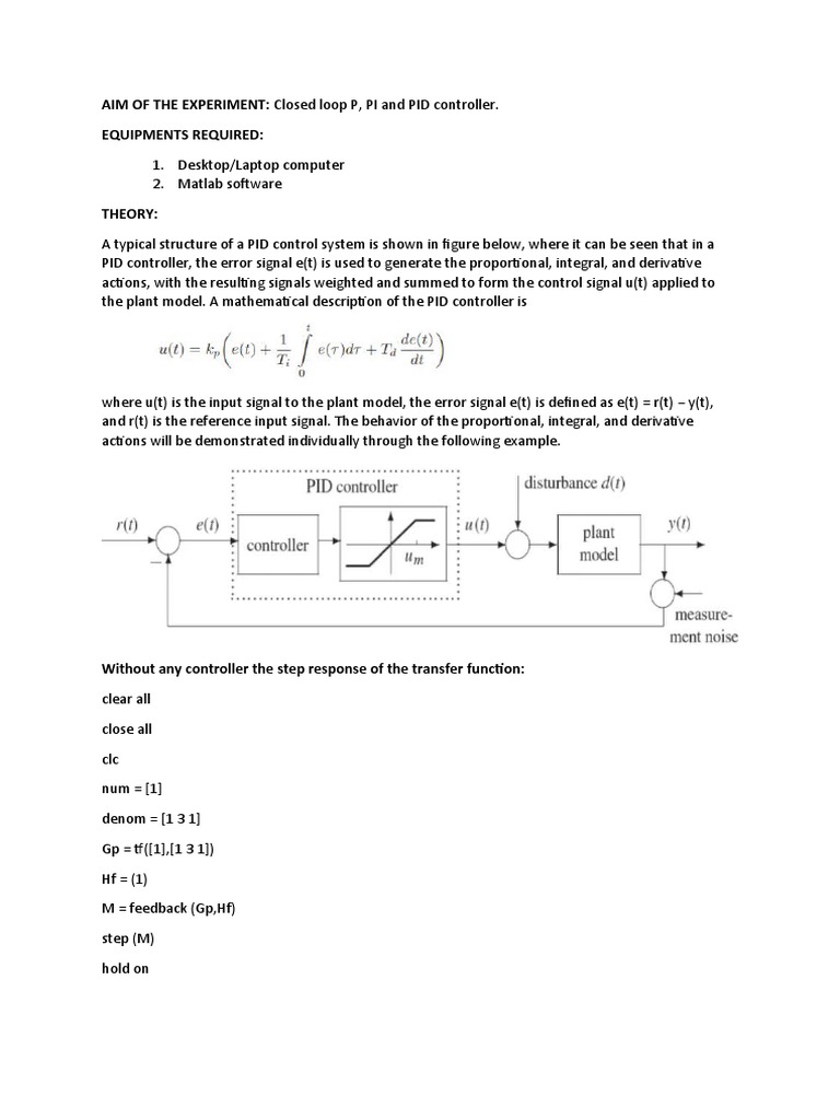 AIM OF THE EXPERIMENT: Closed Loop P, PI and PID Controller. Equipments Required | PDF | Control ...