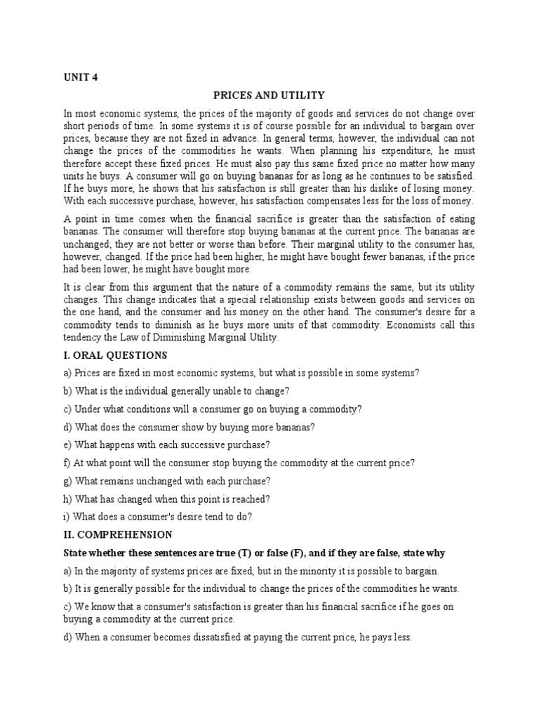 Unit 4 Prices and Utility | PDF | Utility | Prices