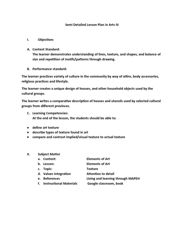 Semi Detailed Lesson Plan in Arts 4 | PDF | Lesson Plan | Learning
