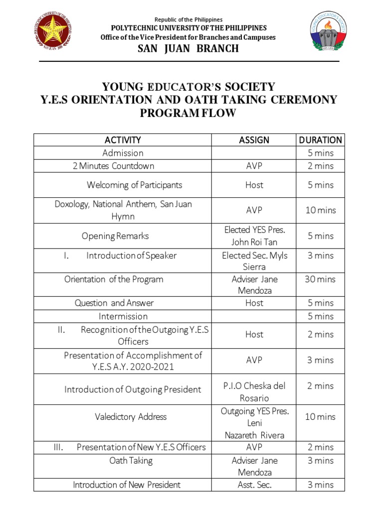 Orientation And Oath Taking Ceremony Program Flow Pdf