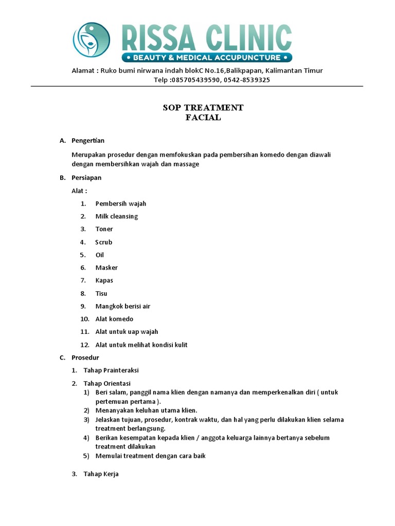 Sop Treatment Facial Treatment | PDF | Kesehatan Holistik