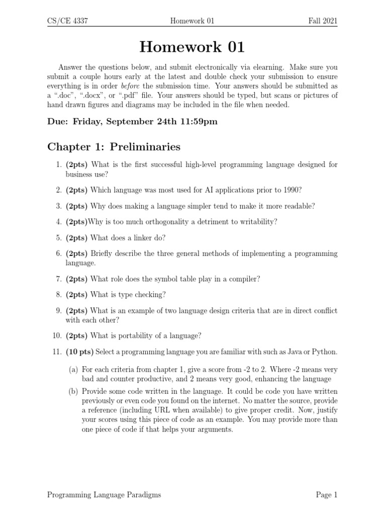 Homework 01: Chapter 1: Preliminaries | PDF | Parsing | Computer Science