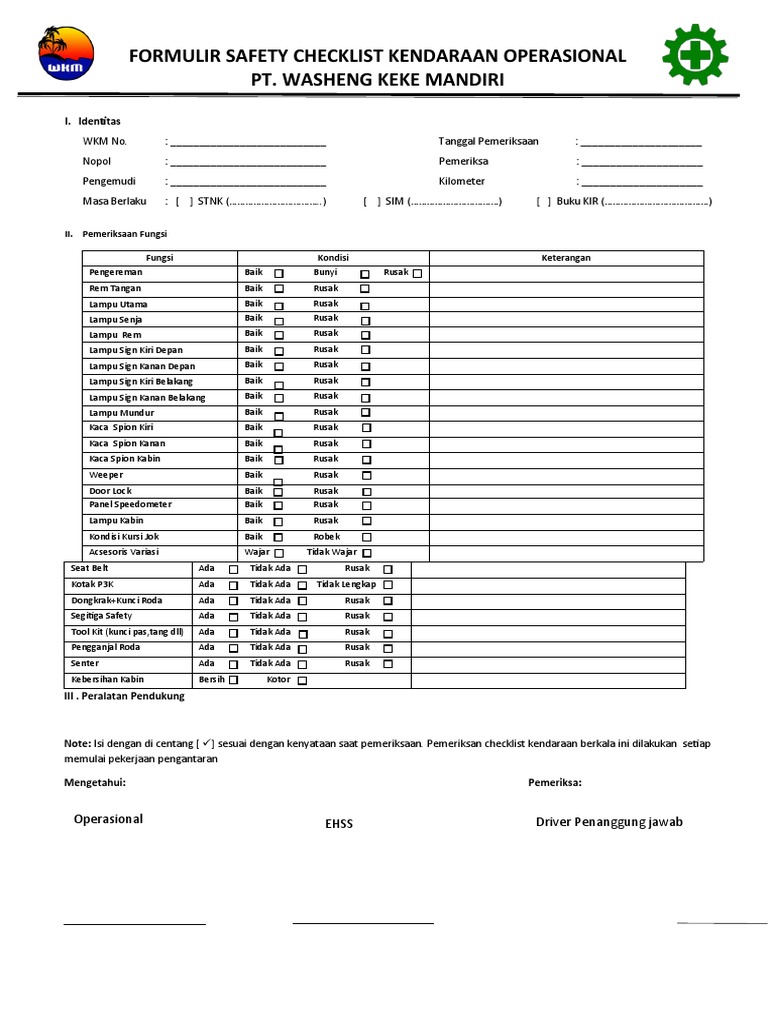 Formulir Safety Checklist Kendaraan Operasional | PDF