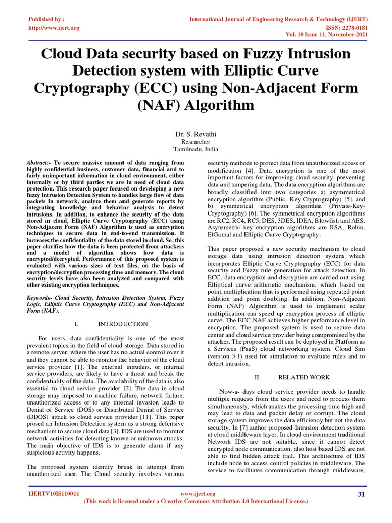 Cloud Data Security Based On Fuzzy Intrusion Detection System With Elliptic Curve Cryptography ...