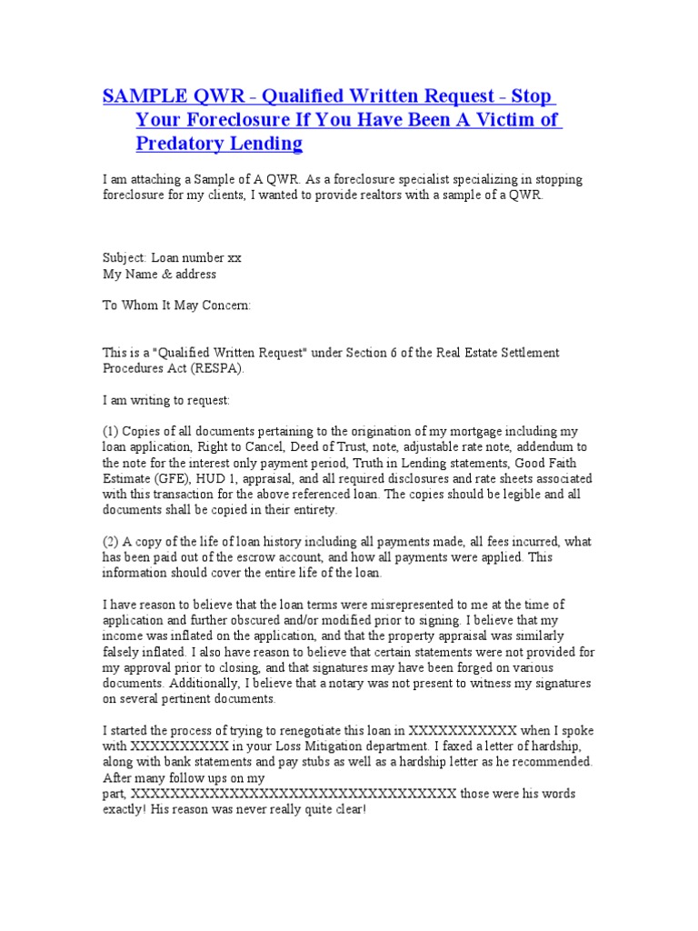 Sample QWR | PDF | Loans | Debt