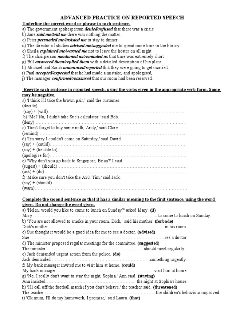 Advanced Practice On The Reported Speech | PDF