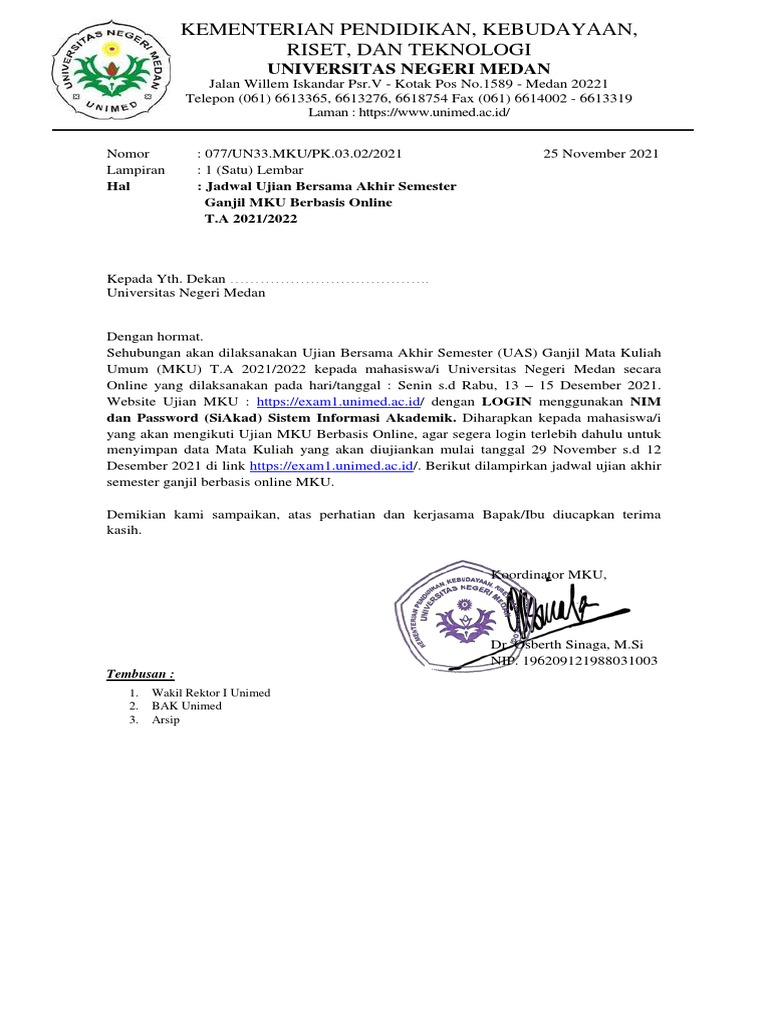 Jadwal UAS Online MKU Unimed | PDF