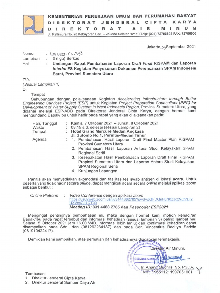 Surat Undangan Rapat Draft Final RISPAM Dan Interim FS Sumut-071021 | PDF