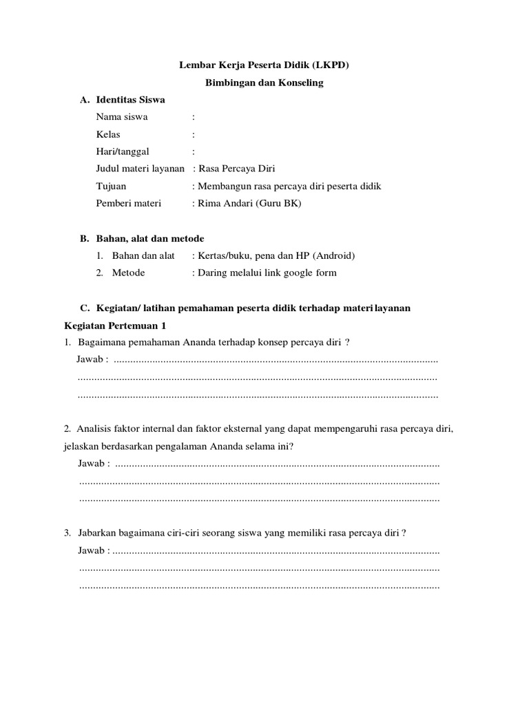 Lembar Kerja Peserta Didik (LKPD) Bimbingan Dan Konseling A. Identitas Siswa | PDF | Karier ...