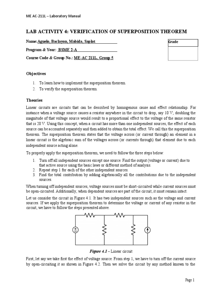 Lab Activity 4: Verification of Superposition Theorem: Objectives | PDF ...