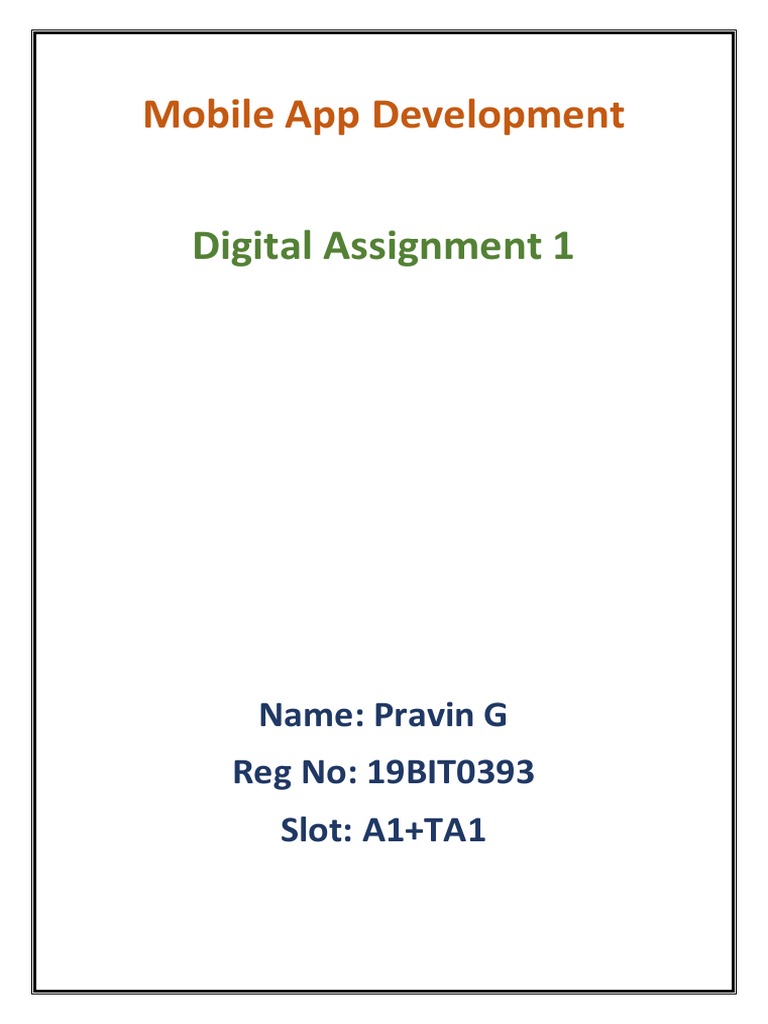 Mobile App Development: Digital Assignment 1 | PDF | Android (Operating System) | Mobile App