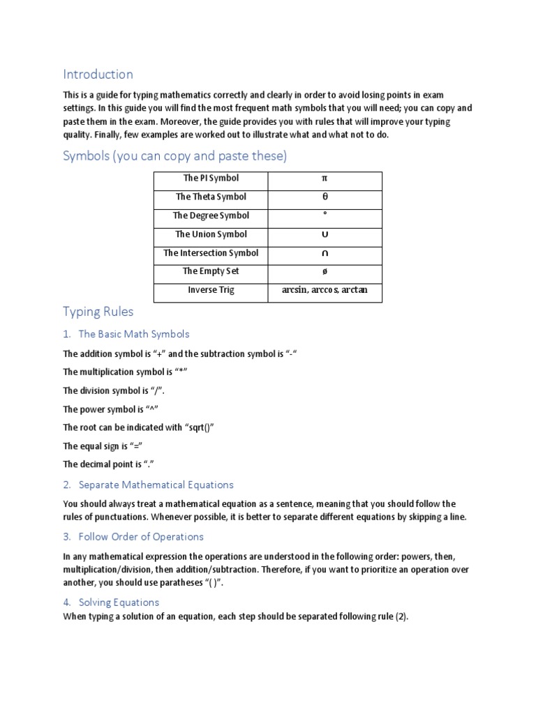 Math Typing Guide | Download Free PDF | Equations | Multiplication