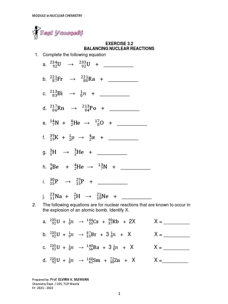 Complete The Following Equation: Exercise 3.2 Balancing Nuclear ...