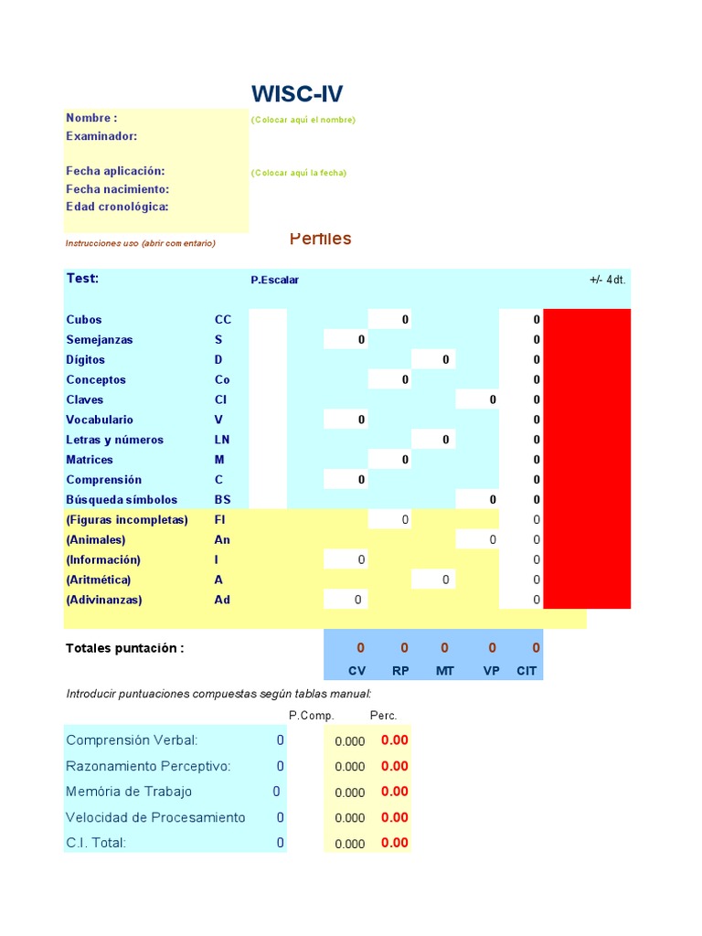 Plantilla Excel Wisc V | PDF | Métodos y materiales de enseñanza