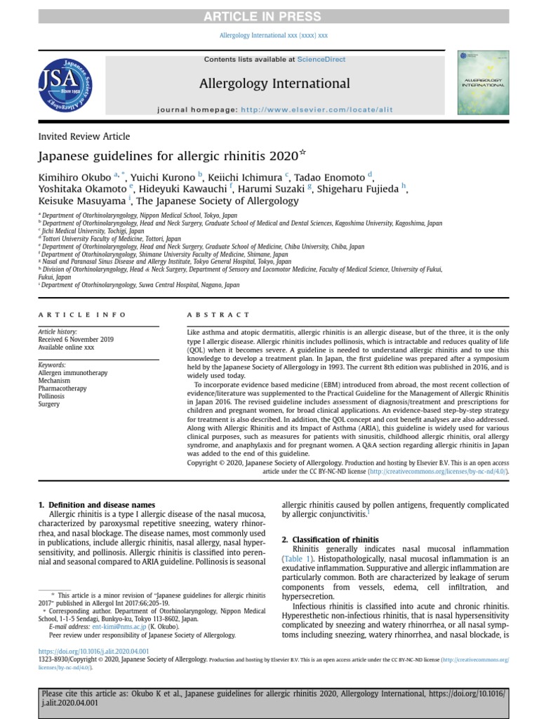 Japanese Guidelines For Allergic Rhinitis 2020 | PDF | Allergy | Medicine