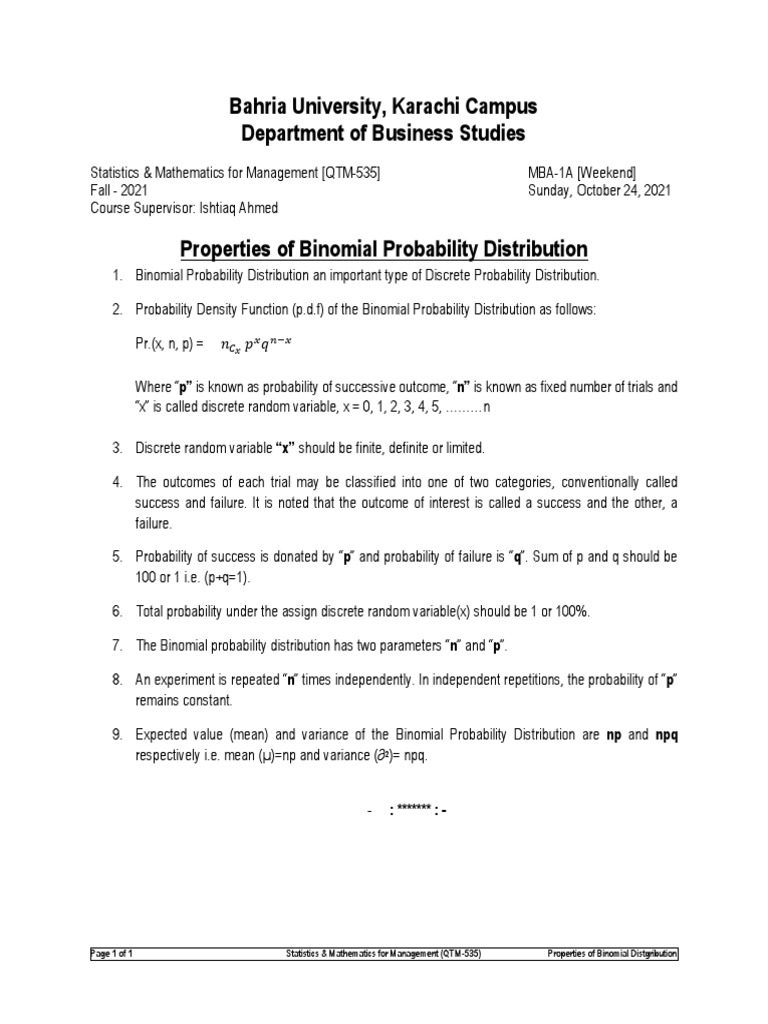 Properties of Binomial Prob Distribution 23102021 100306am | PDF