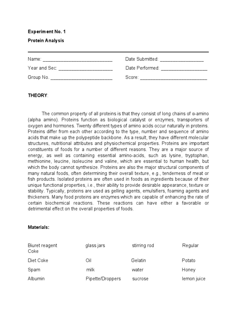 Protein Analysis Experiment Overview | PDF | Proteins | Amino Acid