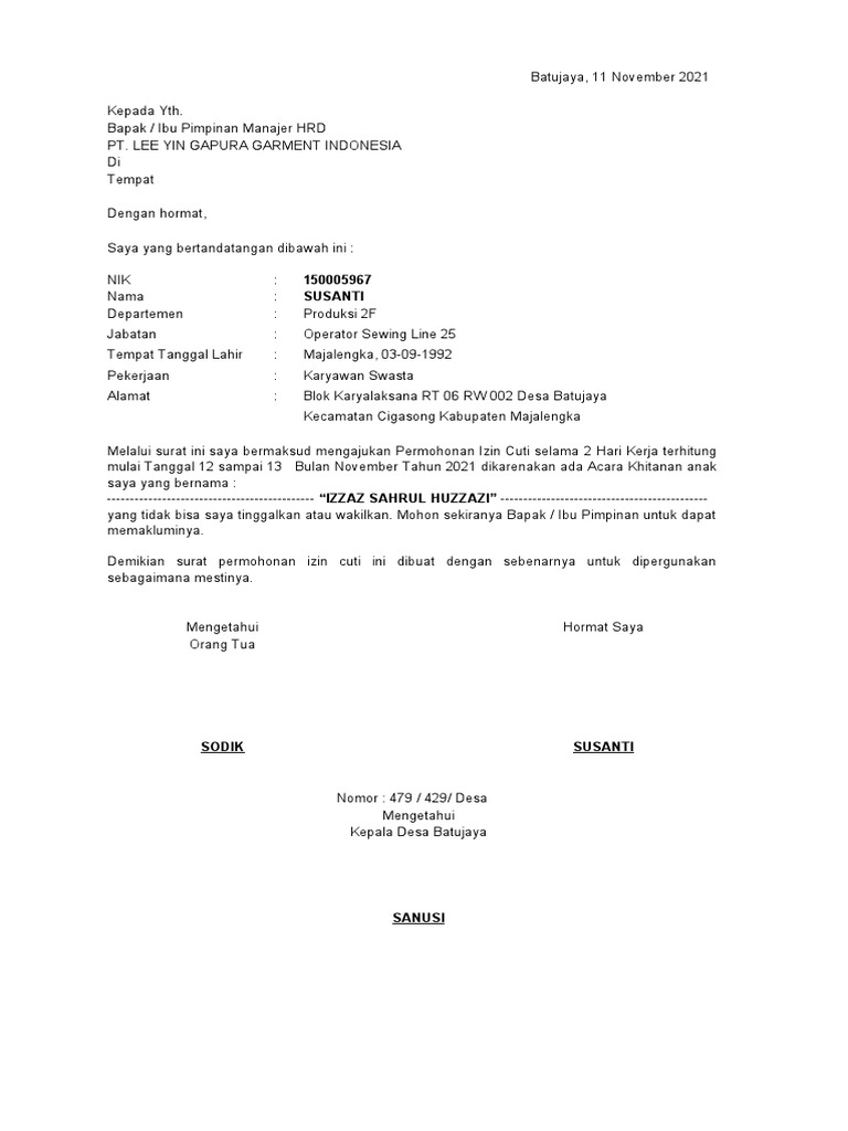 Surat Izin Cuti Kerja | PDF