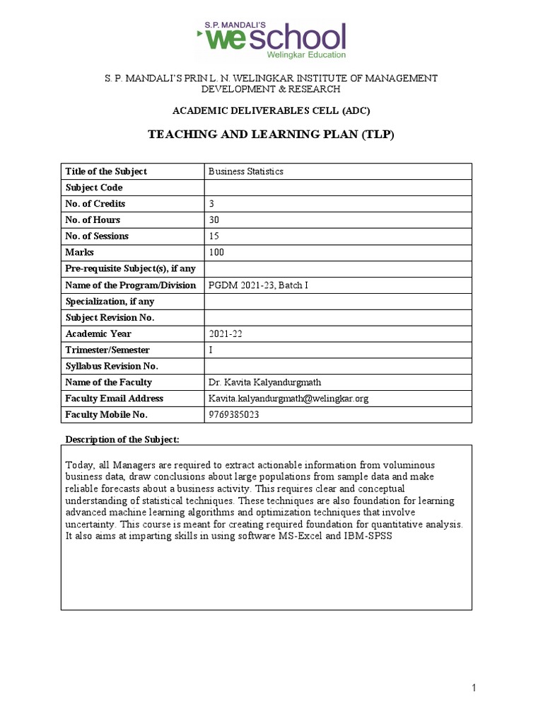Teaching and Learning Plan (TLP) : S. P. Mandali'S Prin L. N. Welingkar Institute of Management ...
