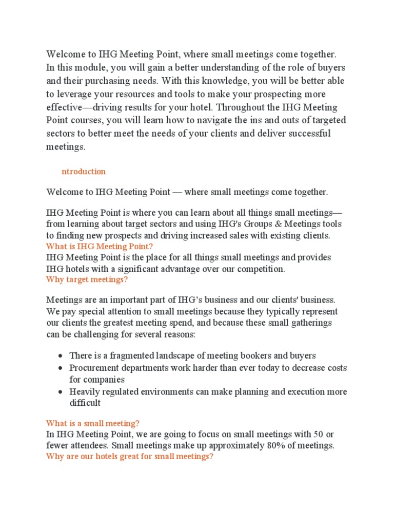 Welcome To IHG Meeting Point Training | PDF | Procurement | Sales