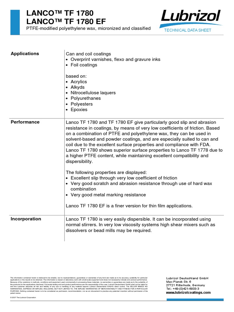LANCO™ TF 1780 Lanco™ TF 1780 Ef: Applications | Download Free PDF | Wax | Polyethylene