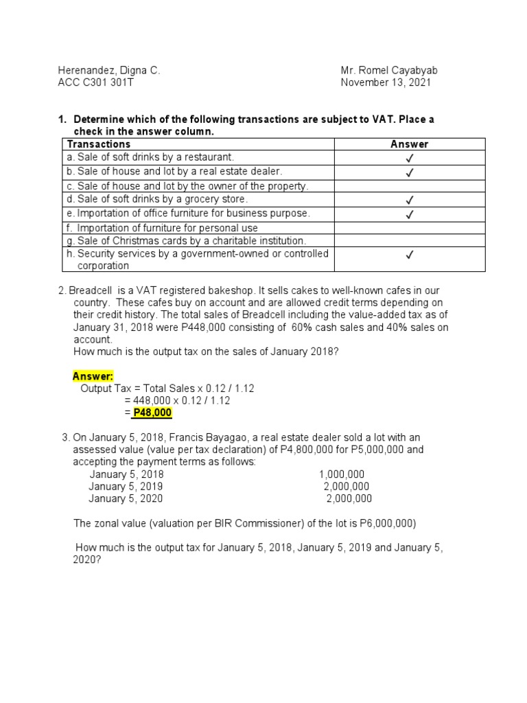 VAT Transactions and Output Tax Calculations | PDF | Value Added Tax ...