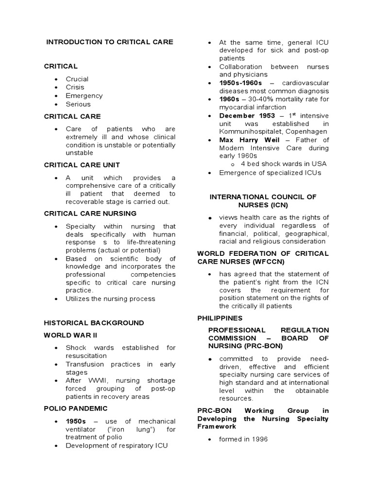 Introduction To Critical Care | PDF | Intensive Care Medicine | Nursing