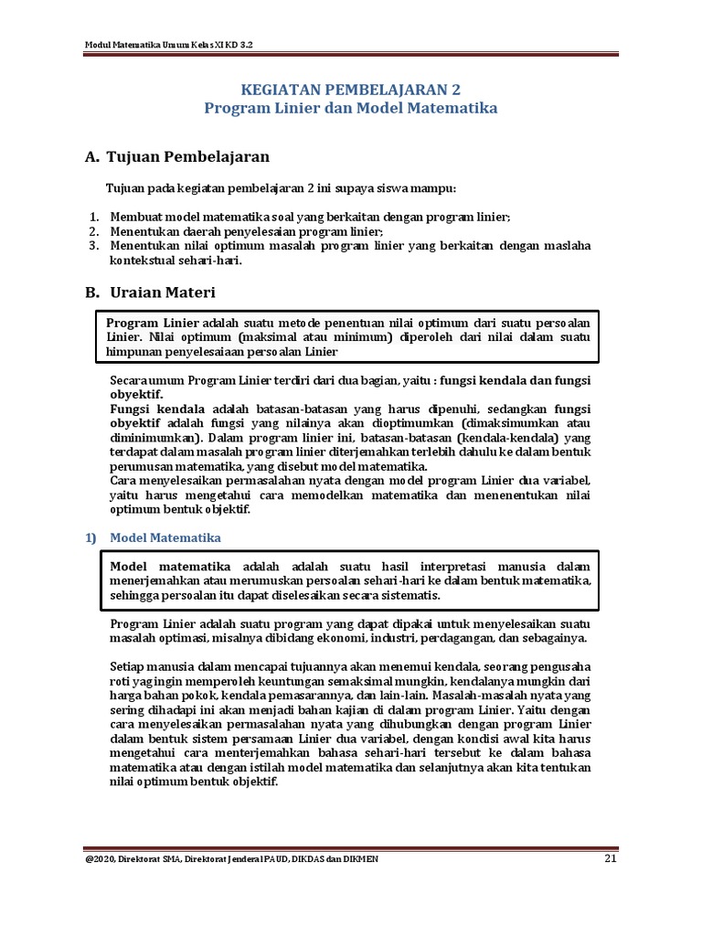 Model Matematika Program Linier Kelas XI | PDF | Metode & Bahan Ajar ...