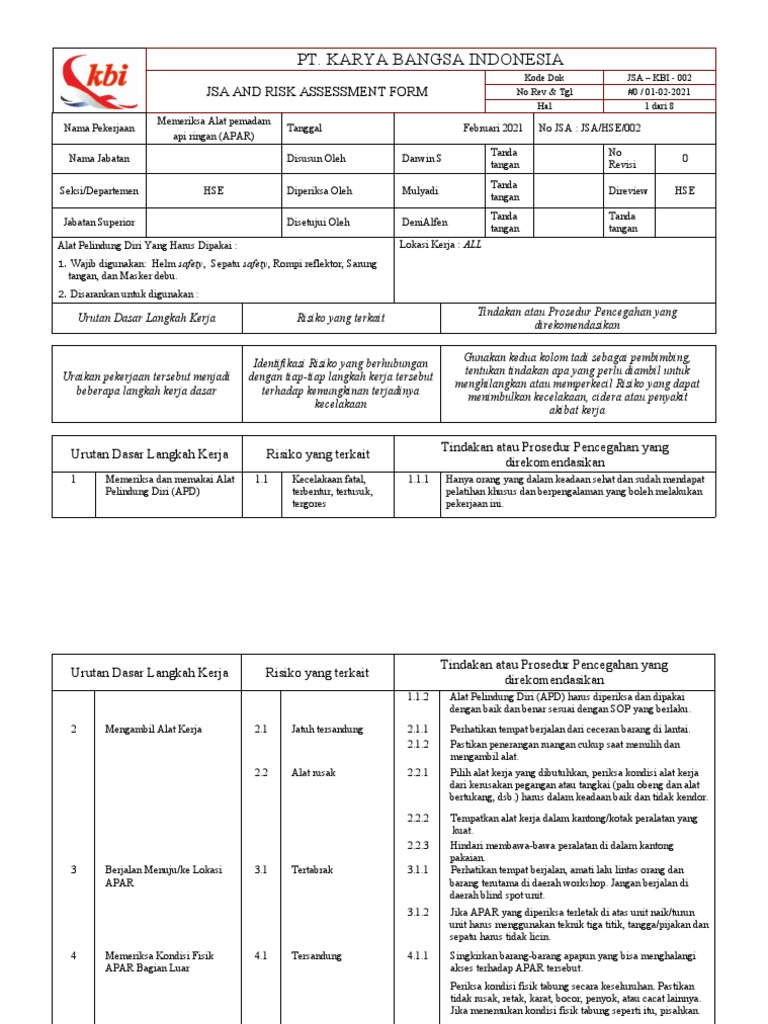 JSA Memeriksa Alat Pemadam (APAR) | PDF