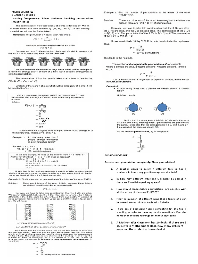 Learning Competency: Solves Problems Involving Permutations (M10SP-lllb ...