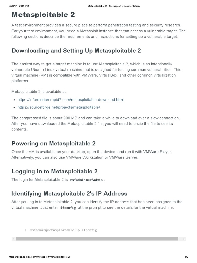 Metasploitable 2 - Metasploit Documentation | PDF