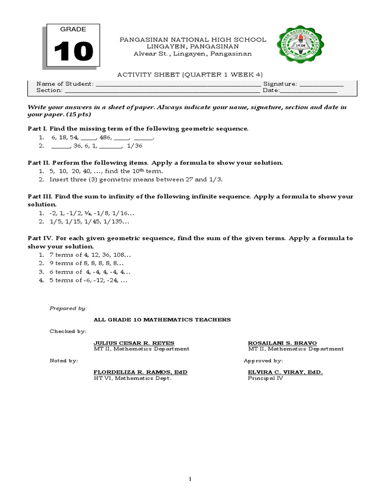 Math10 Q1 Week 4 Activity Sheet | PDF