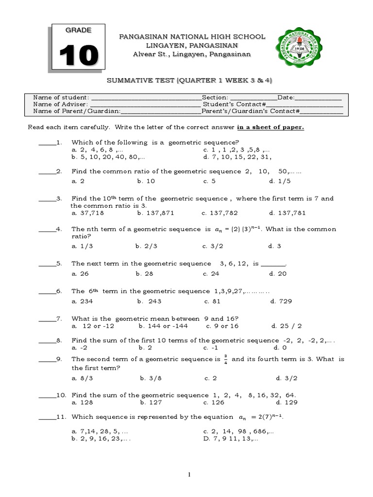 Math10 Q1 Weeks 3 and 4 - Summative-Test | PDF | Elementary Mathematics ...