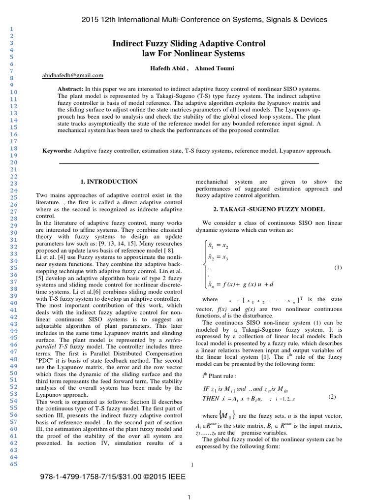 Indirect Fuzzy Sliding Adaptive Control Law For Nonlinear Systems Pdf Control Theory