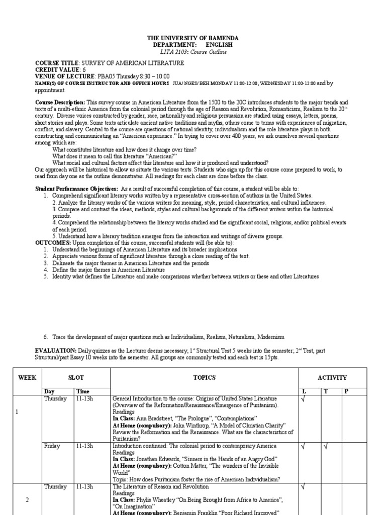 Survey of American Literature Course Outline | PDF | American ...