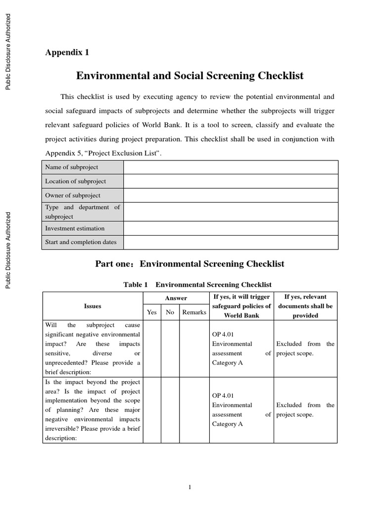 Appendix 1 Environmental and Social Screening Checklist | PDF ...