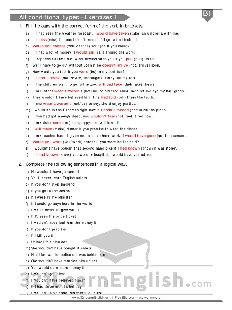 321LearnEnglish Com Grammar Conditionals All Types Exercises Key | PDF