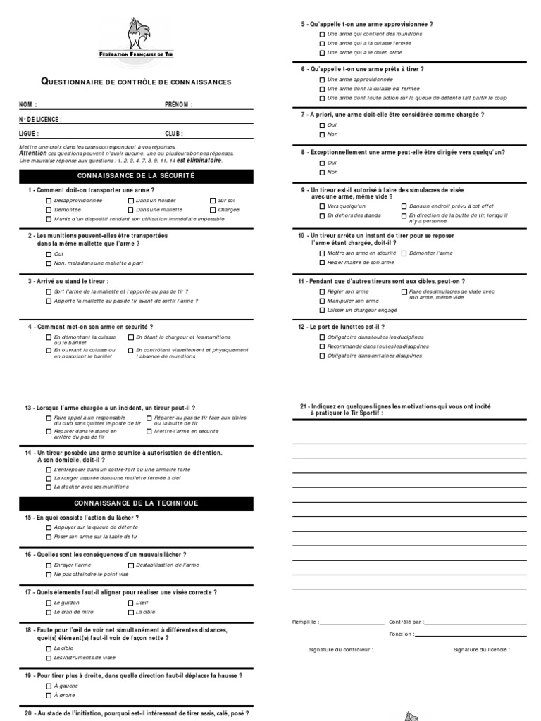 QCM Tir Sportif 2024 : Questionnaire et Corrigé | PDF | Armes à ...