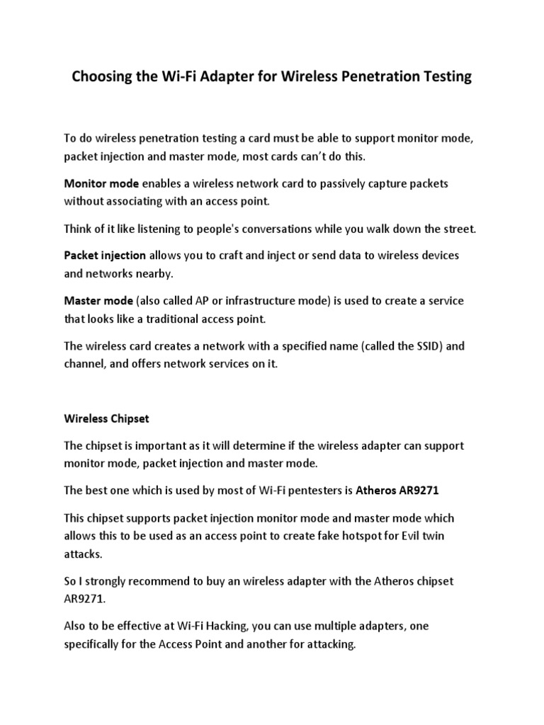Choosing The Wi-Fi Adapter For Wireless Penetration Testing | PDF