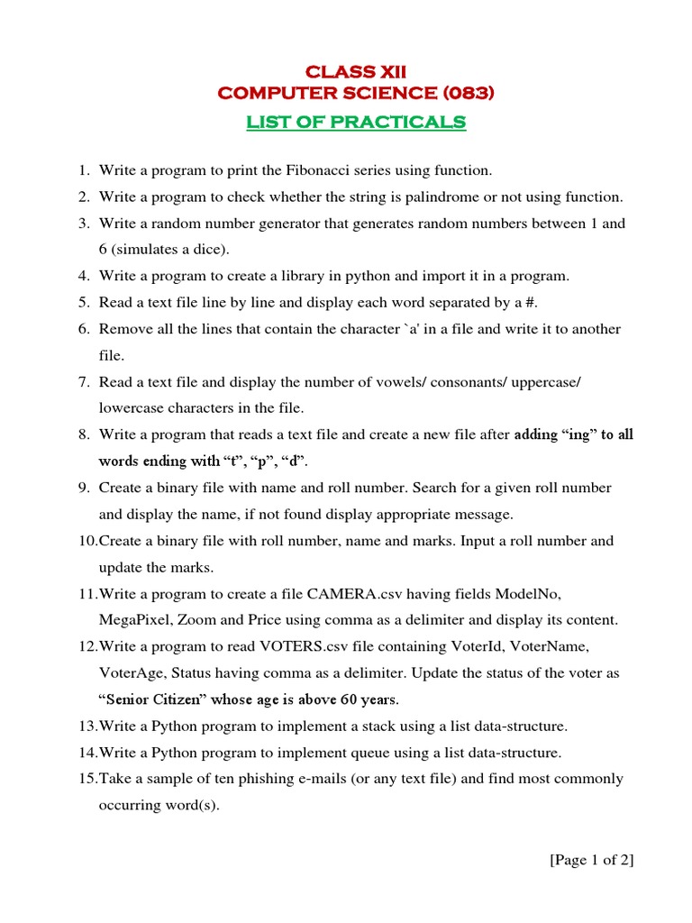 Class 12 CS - Program List | PDF | Computer File | Comma Separated Values
