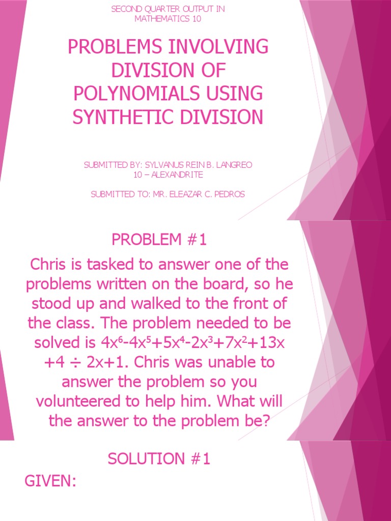 Problems Involving Division of Polynomials Using Synthetic Division ...