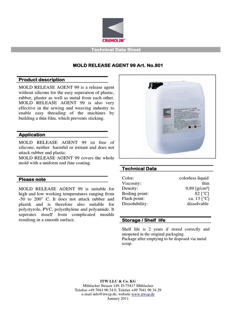 A Concise Technical Data Sheet for MOLD RELEASE AGENT 99, a Silicone ...