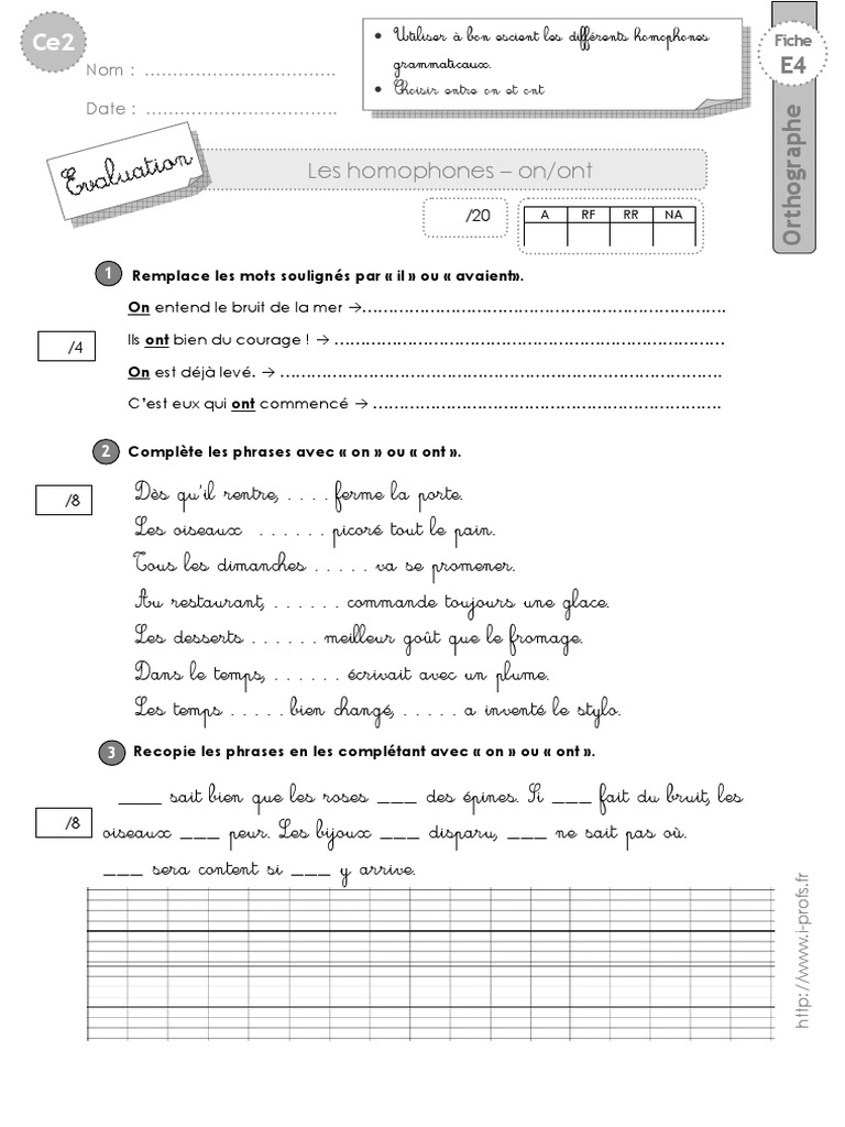 Exercices sur "on" et "ont" CE2 | PDF | Écriture | Linguistique