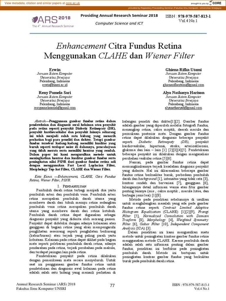 Enhancement Citra Fundus Retina Menggunakan CLAHE Dan Wiener Filter | PDF