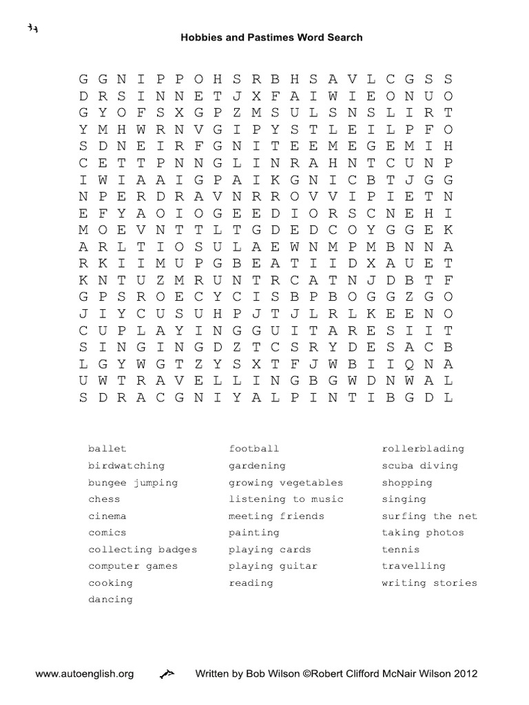 Hobbies Word Search Puzzle | PDF | Leisure | Recreation
