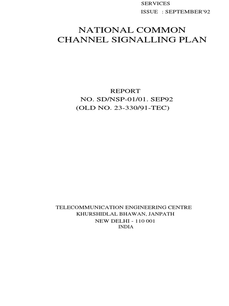 National Common Channel Signalling Plan: NO. SD/NSP-01/01. SEP92 (OLD NO. 23-330/91-TEC) | PDF