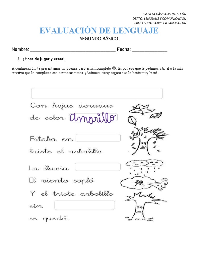 EVALUACIÓN DE LENGUAJE Poemas. Segundo Basico | PDF