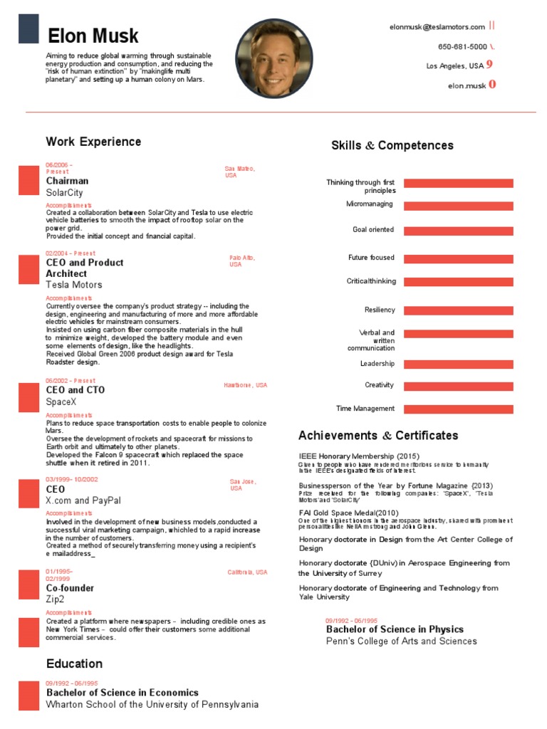 Elon Musk Original One Page Resume | PDF | Solar City | Elon Musk
